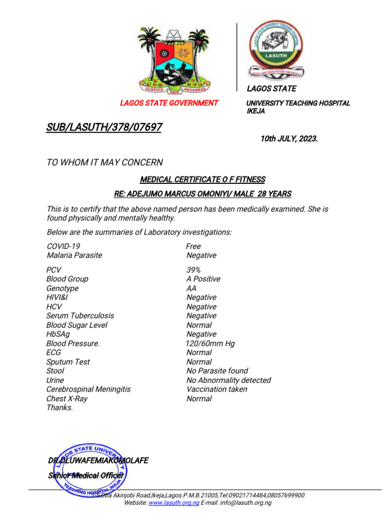 Lagos State Medical Fitness Certificate | PDF