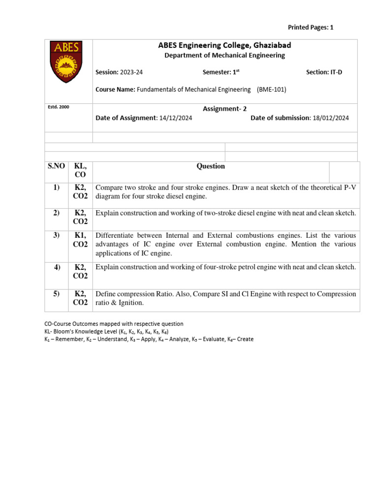 Assignment No 2 (FME-BME101) | PDF