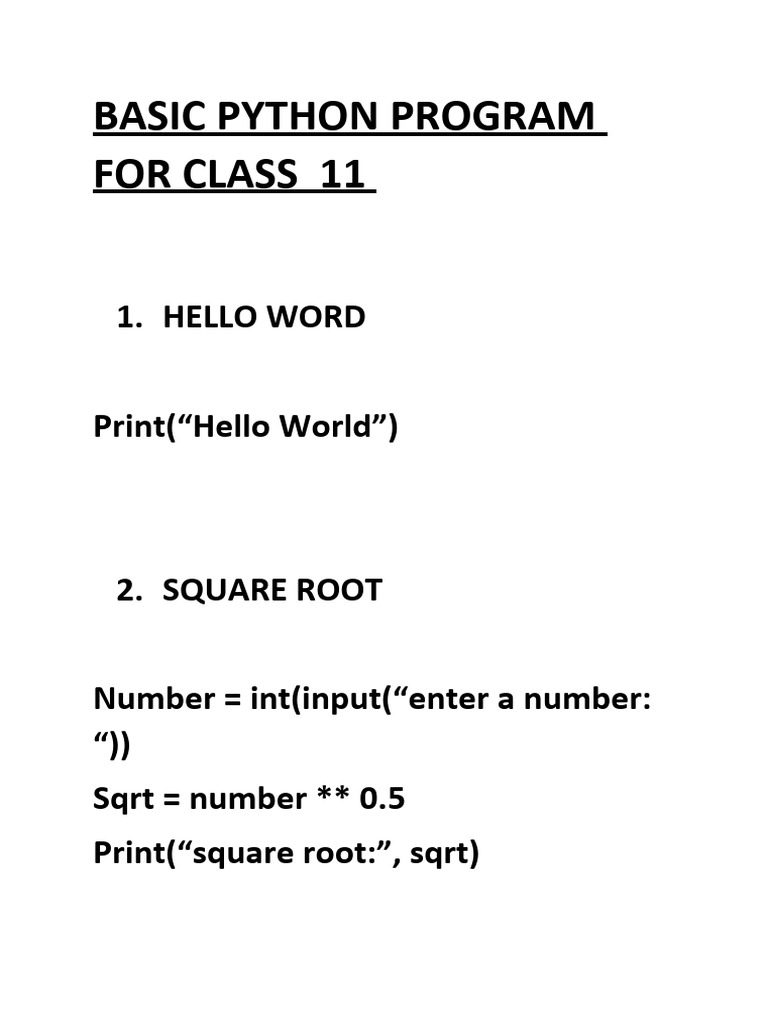 Basic Python Program For Class 11: 1. Hello Word Print ("Hello World") | Download Free PDF ...