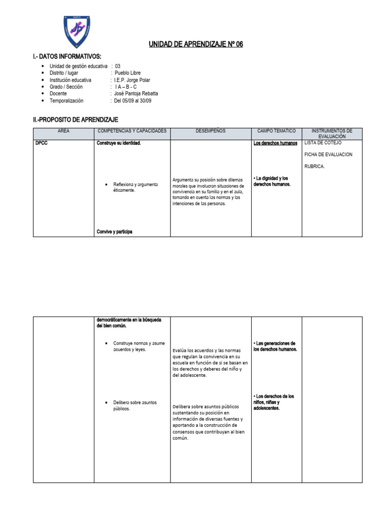 Unidad de Aprendizaje 06 DPCC III Bim I Sec 2022 JP Pantoja | PDF | Evaluación | Modificación de ...