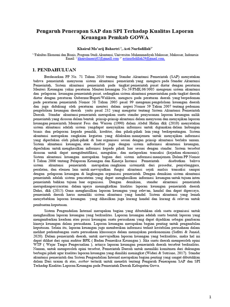 Pengaruh Penerapan SAP Dan SPI Terhadap Kualitas Laporan Keuangan Pemkab GOWA | PDF