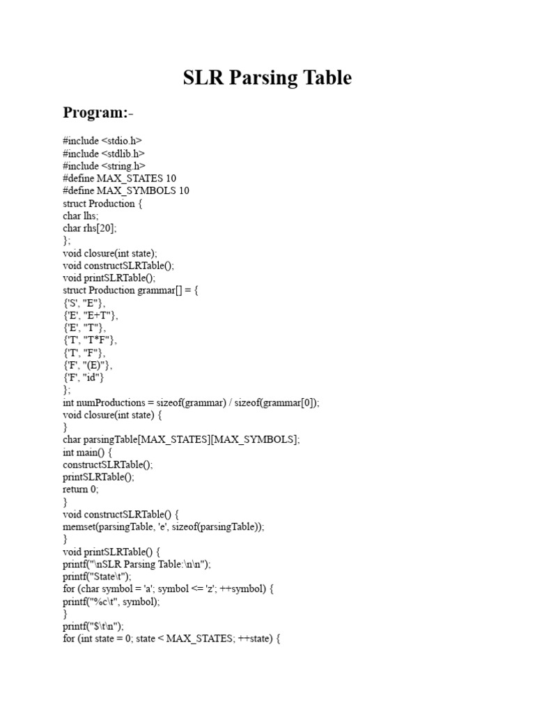 SLR Parsing Table Implementation in C | PDF | Teaching Methods & Materials