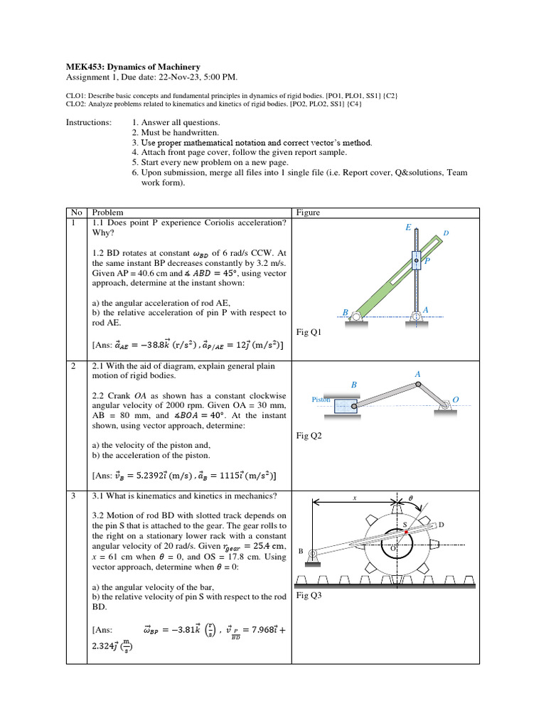 MEK453-Assignment 1 - (Oct 23-Feb 24) | PDF | Velocity | Acceleration
