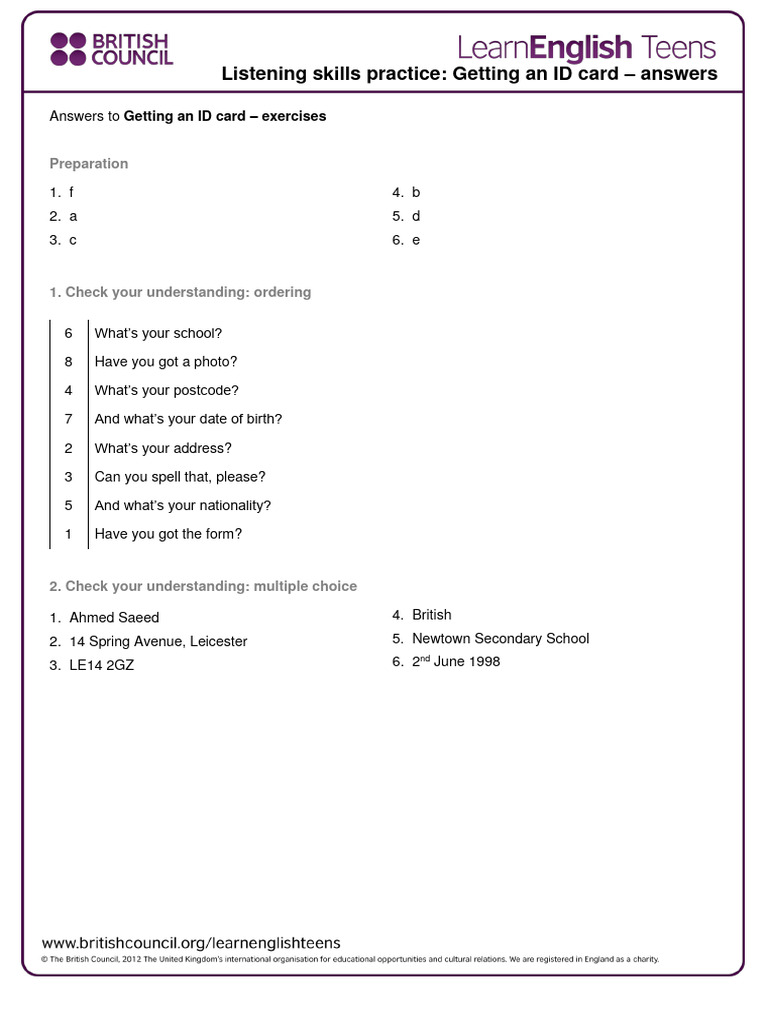 ID Card Listening Exercise Answers | PDF