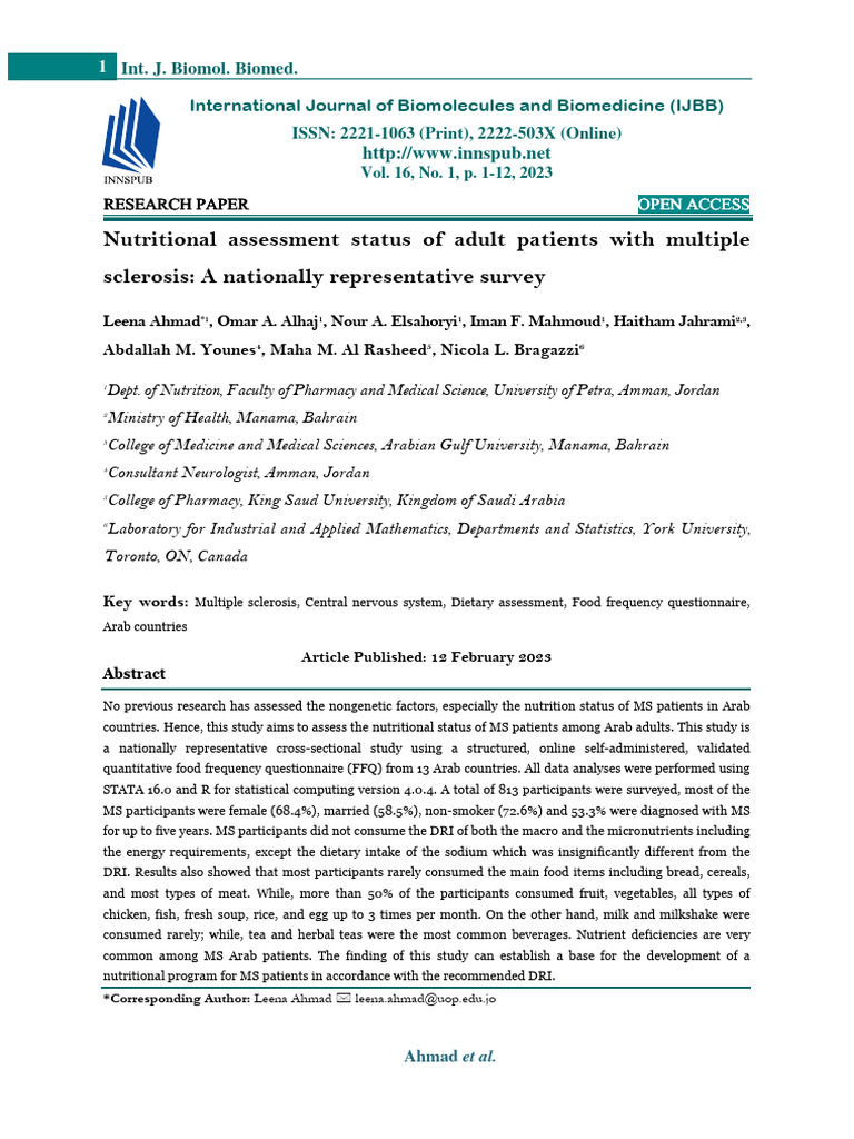 Nutritional Assessment Status of Adult Patients With Multiple Sclerosis: A Nationally ...