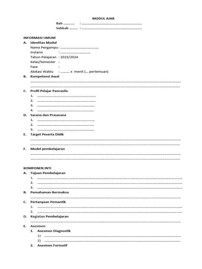 TEMPLATE Modul Ajar Komponen Lengkap | PDF