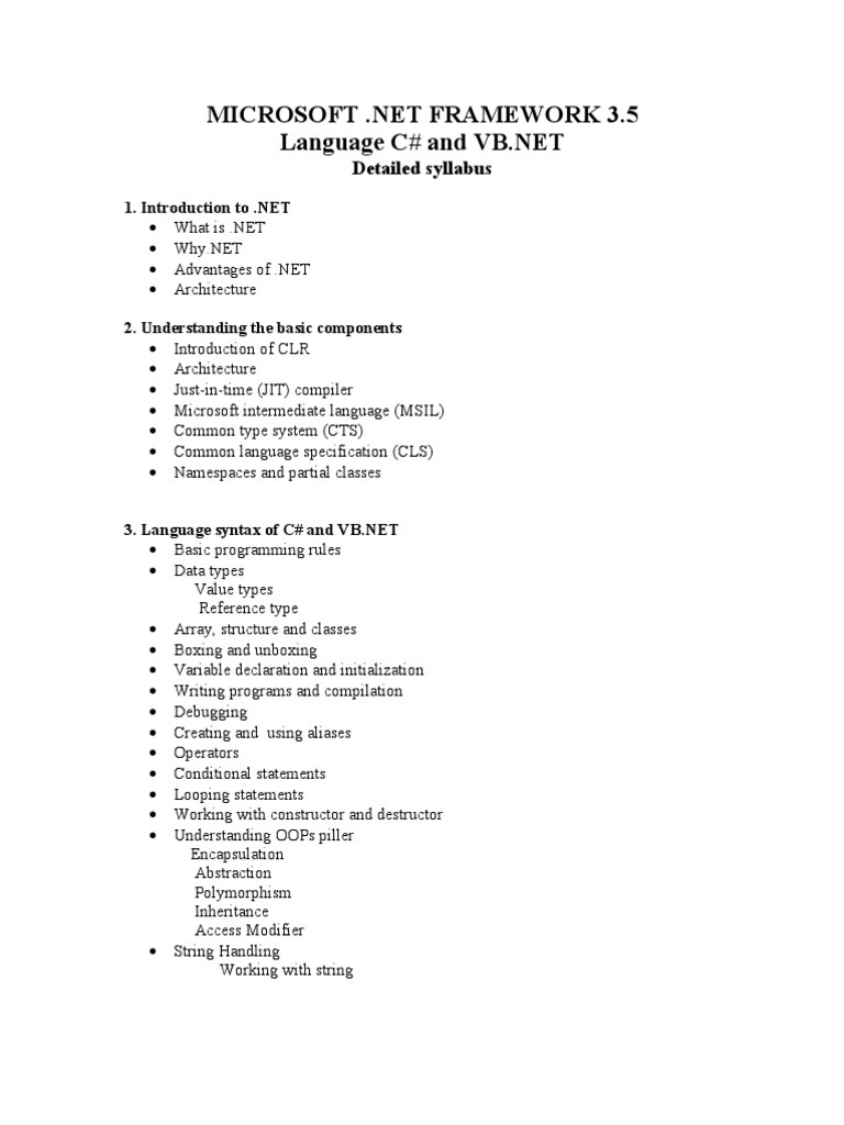 VK Dotnet Syllabus | PDF | Class (Computer Programming) | C Sharp ...