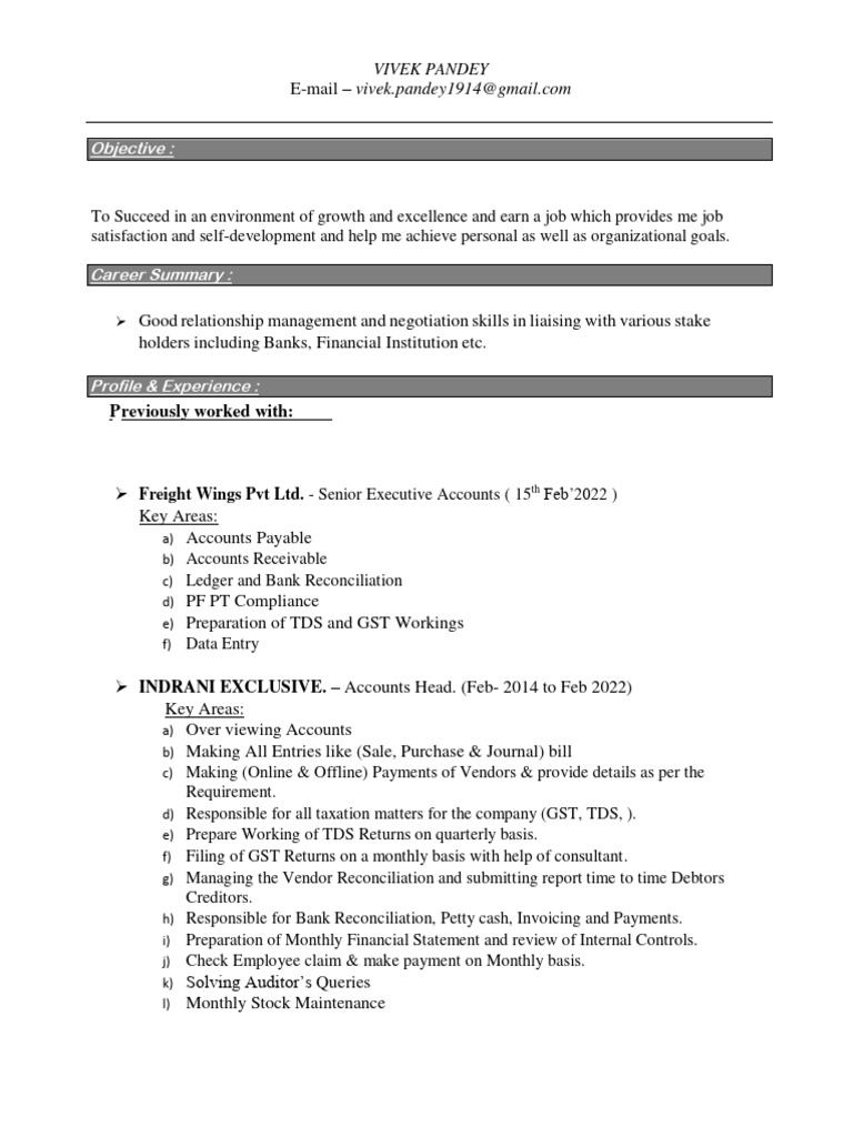Vivek Pandey - Accounting Professional Resume | PDF | Accounts Payable | Service Industries