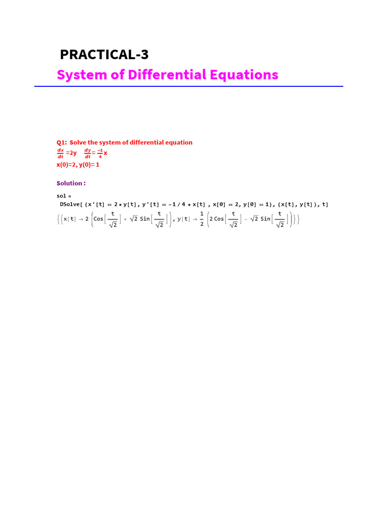 System of Differential Equations: Practical-3 | Download Free PDF | Equations | Mathematical Objects
