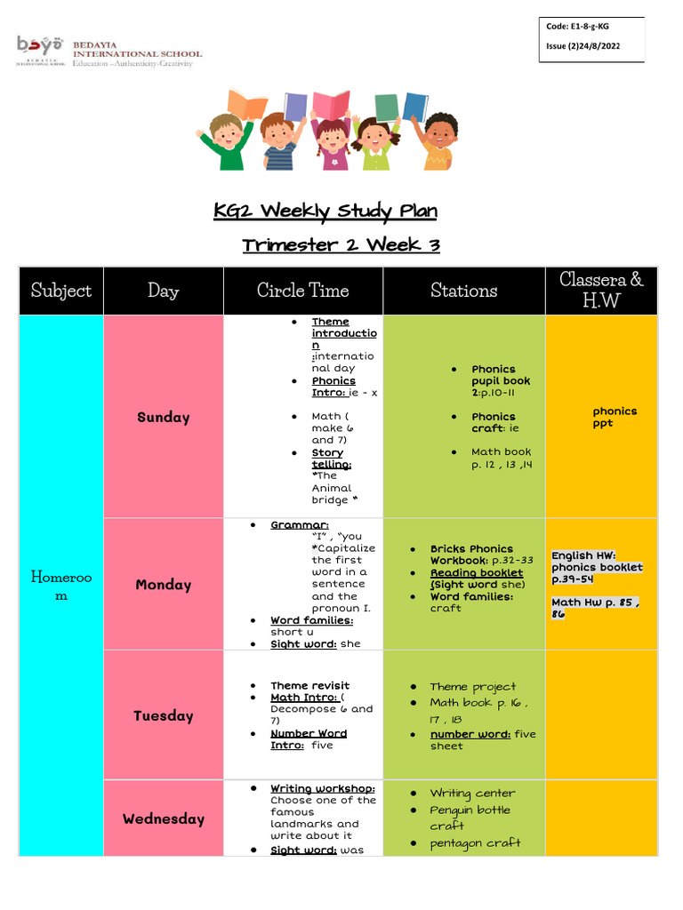 KG 2 Weekly Study Plan (2023-2024) | PDF