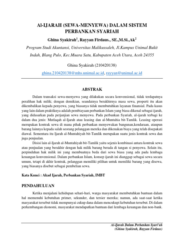 Al-Ijarah (Sewa-Menyewa) Dalam Sistem Perbankan Syariah | PDF