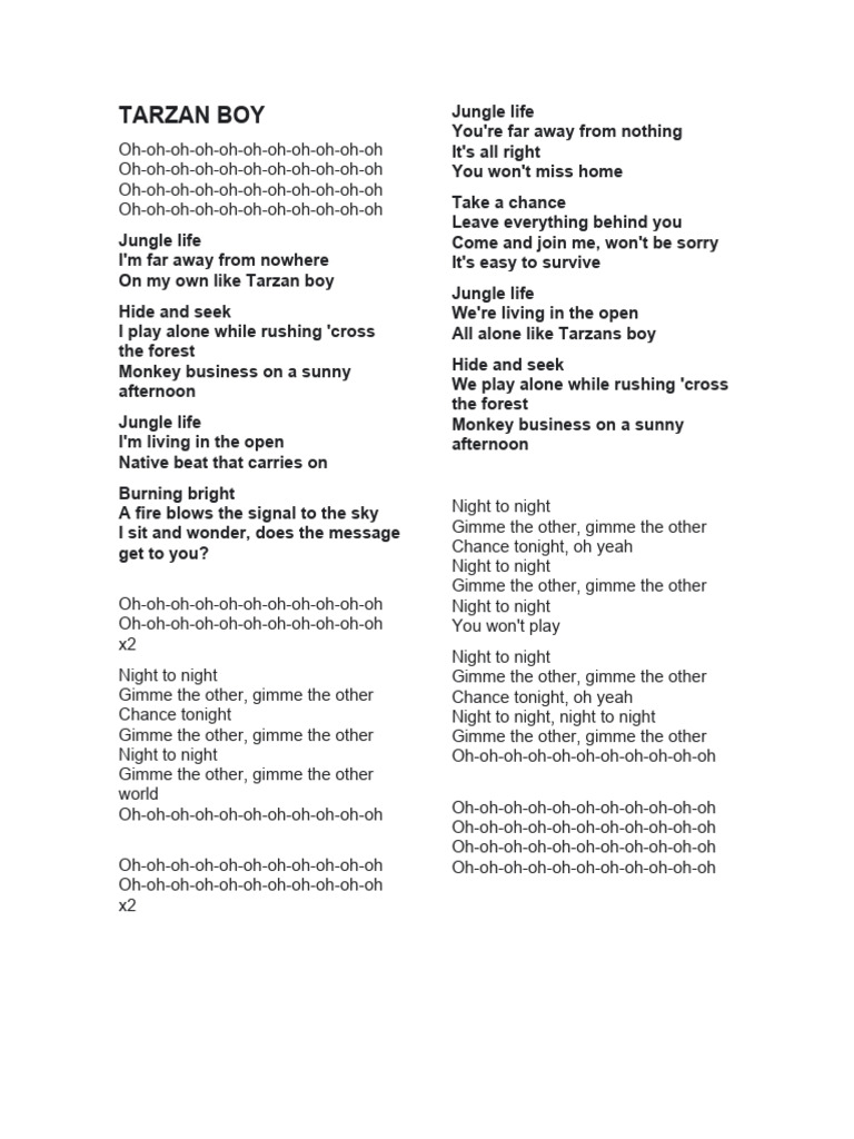 Tarzan Boy Lyrics and Themes | PDF | Poetry
