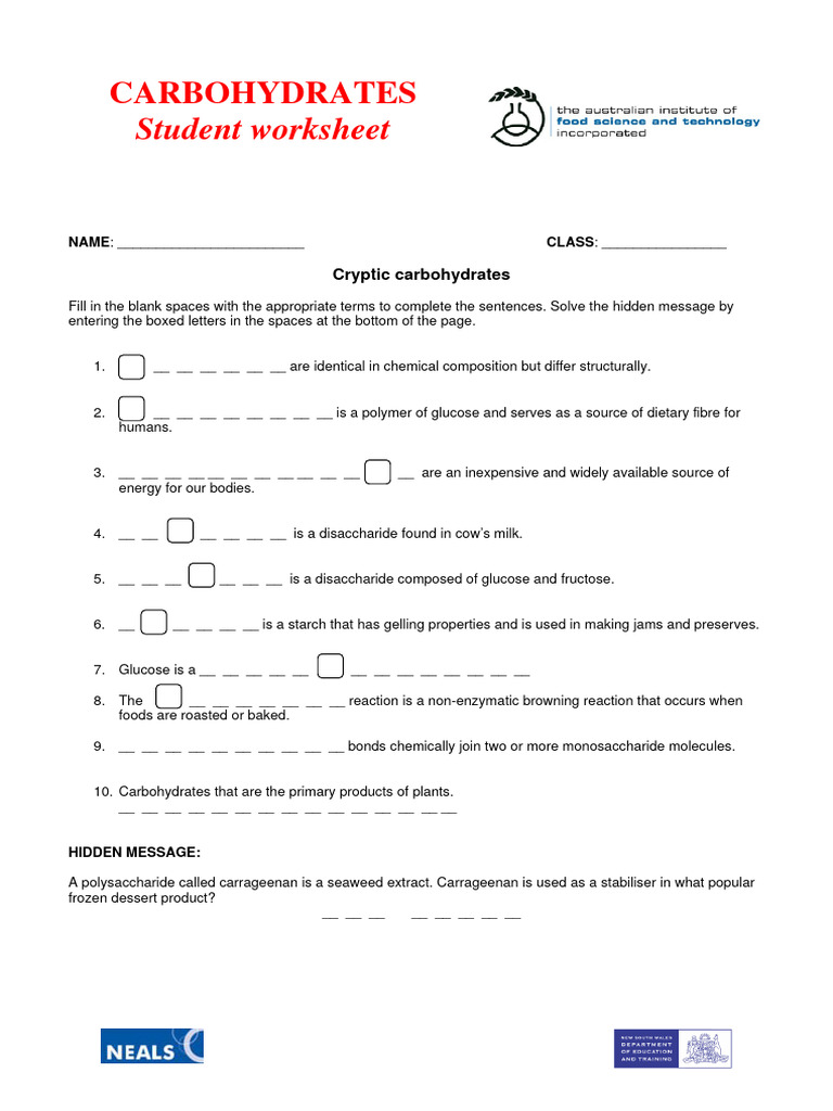 Carbohydrate Worksheet | PDF | Carbohydrates | Polysaccharide