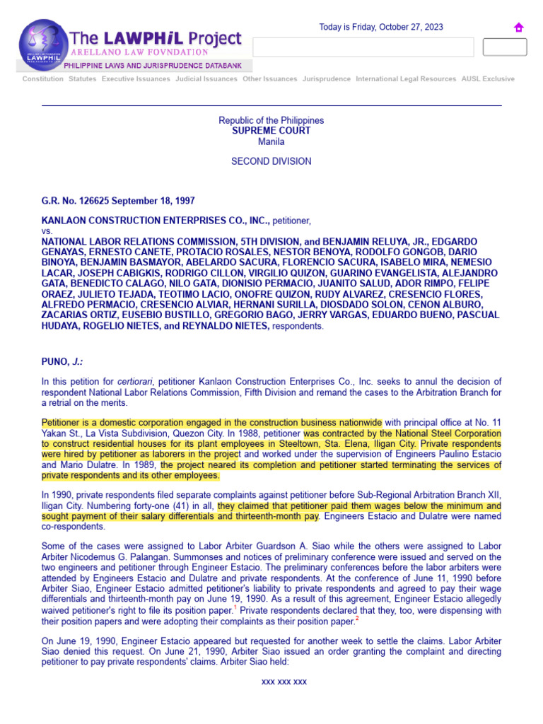 Kanlaon Construction Ent. vs. NLRC, 87 SCAD 196, 279 SCRA 326 (1997) | PDF | Arbitral Tribunal ...