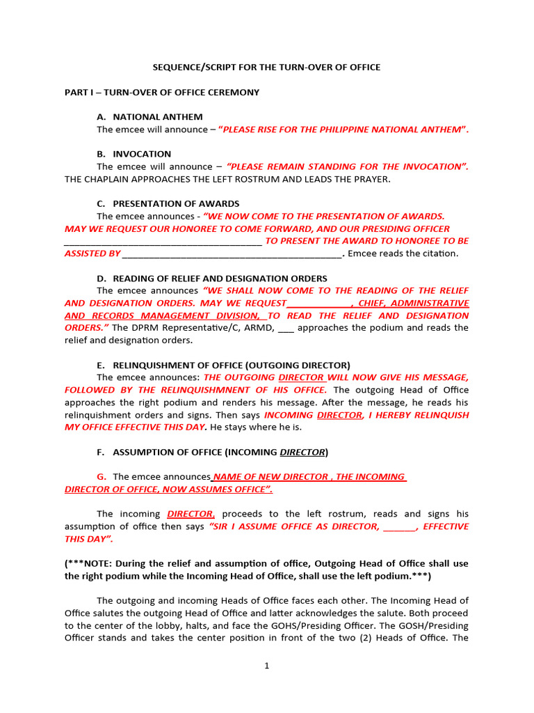 Turn-Over Ceremony Script | PDF | Career & Growth | Foreign Language ...