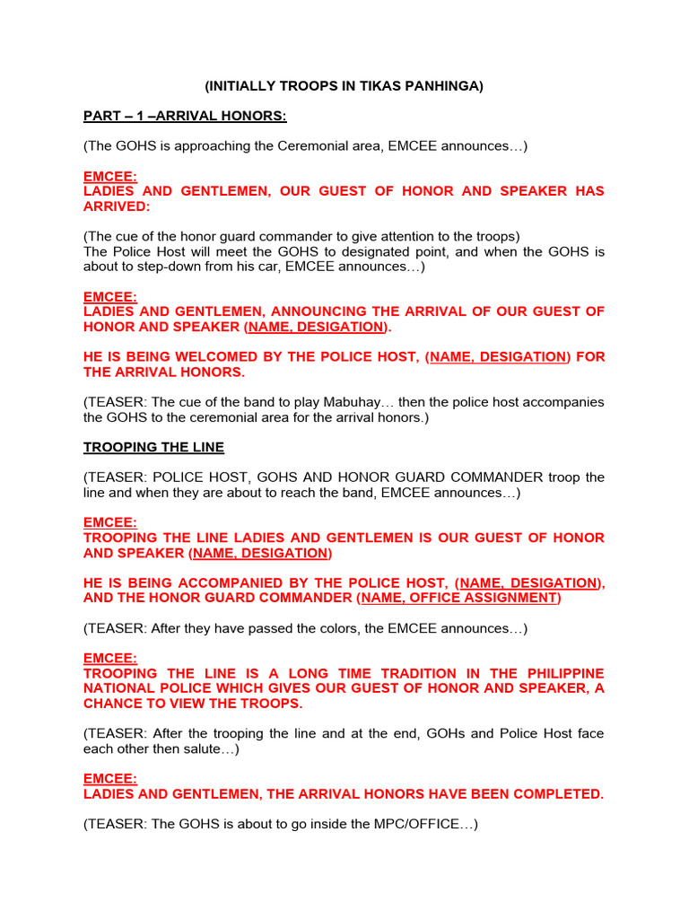 Script For Arrival Honors | PDF