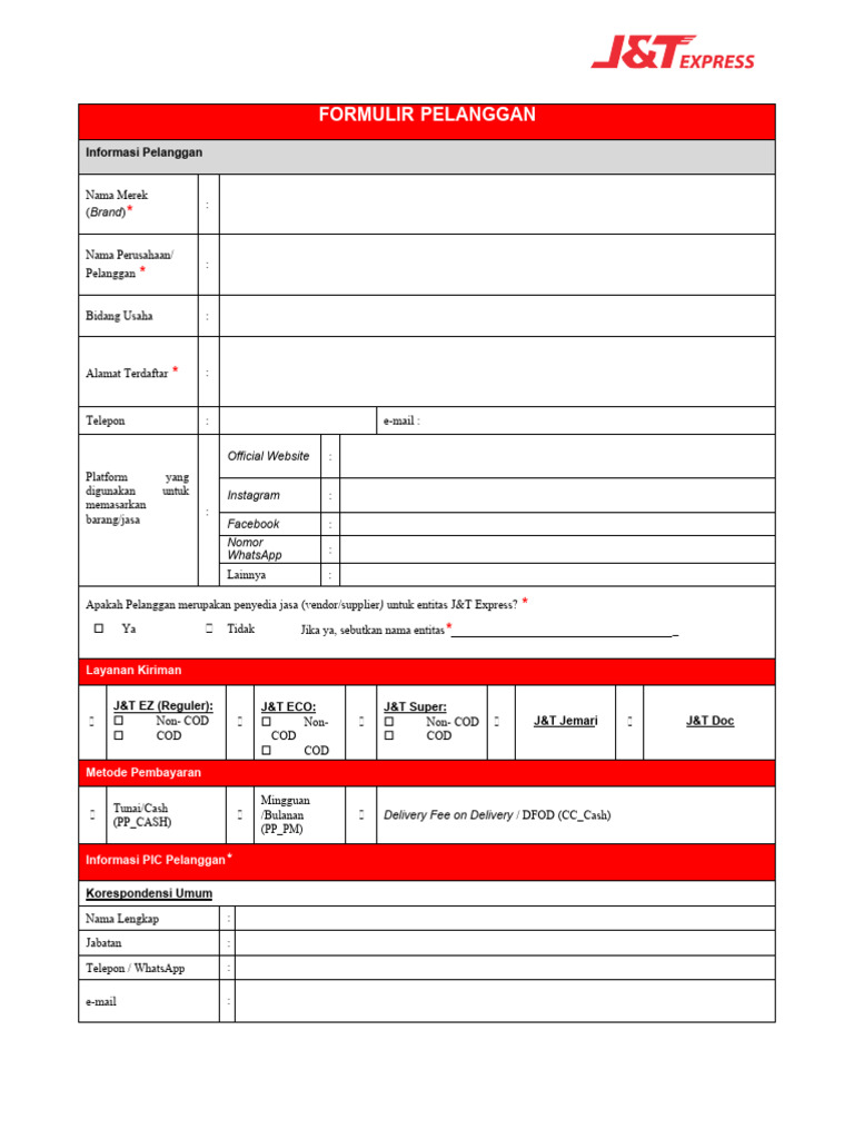 J&T Express - Formulir Pelanggan v3 | PDF