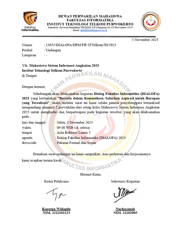 Surat Undangan Mahasiswa Sistem Informasi Angkatan 2023 - DIALOFA 2023 - 2024 | PDF