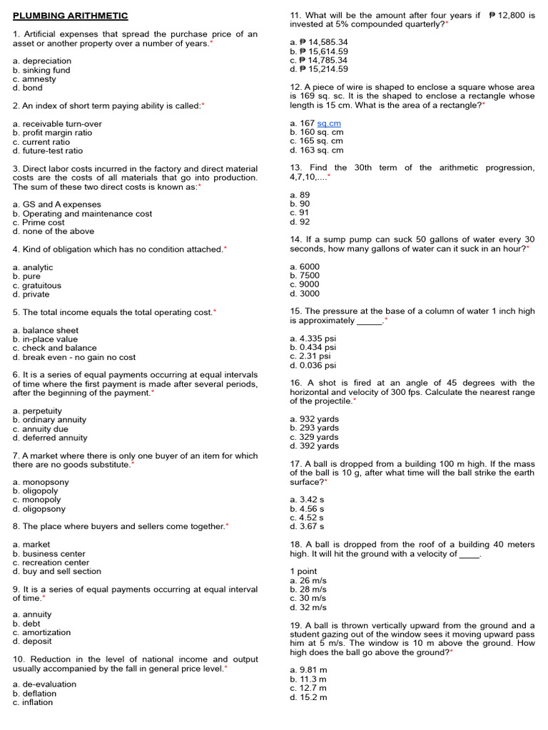 Plumbing Arithmetic - Questionnaire | PDF | Margin (Finance) | Book Value