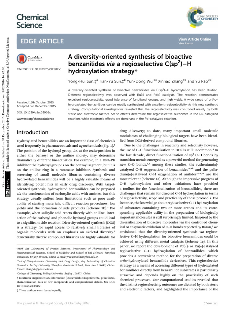 A Diversity Oriented Synthesis Of Bioactive Benzanilided Via A Regioselective C H Hydroxylation