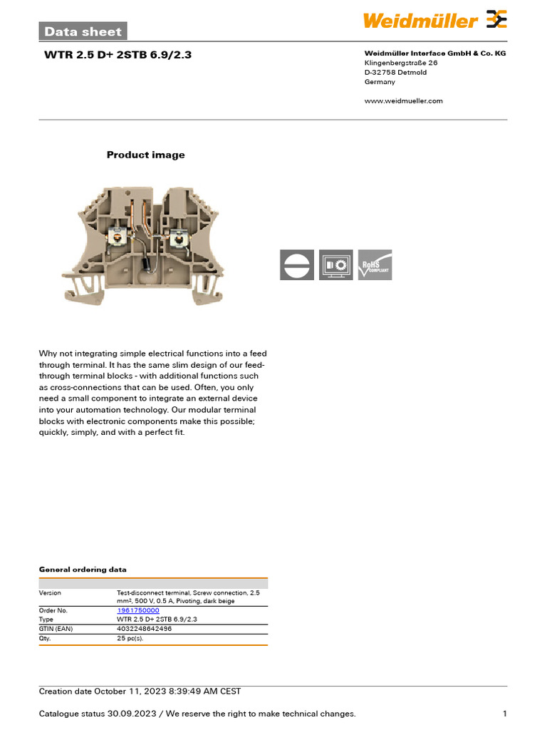 Data Sheet: WTR 2.5 D+ 2STB 6.9/2.3 | PDF | Equipment | Electronics