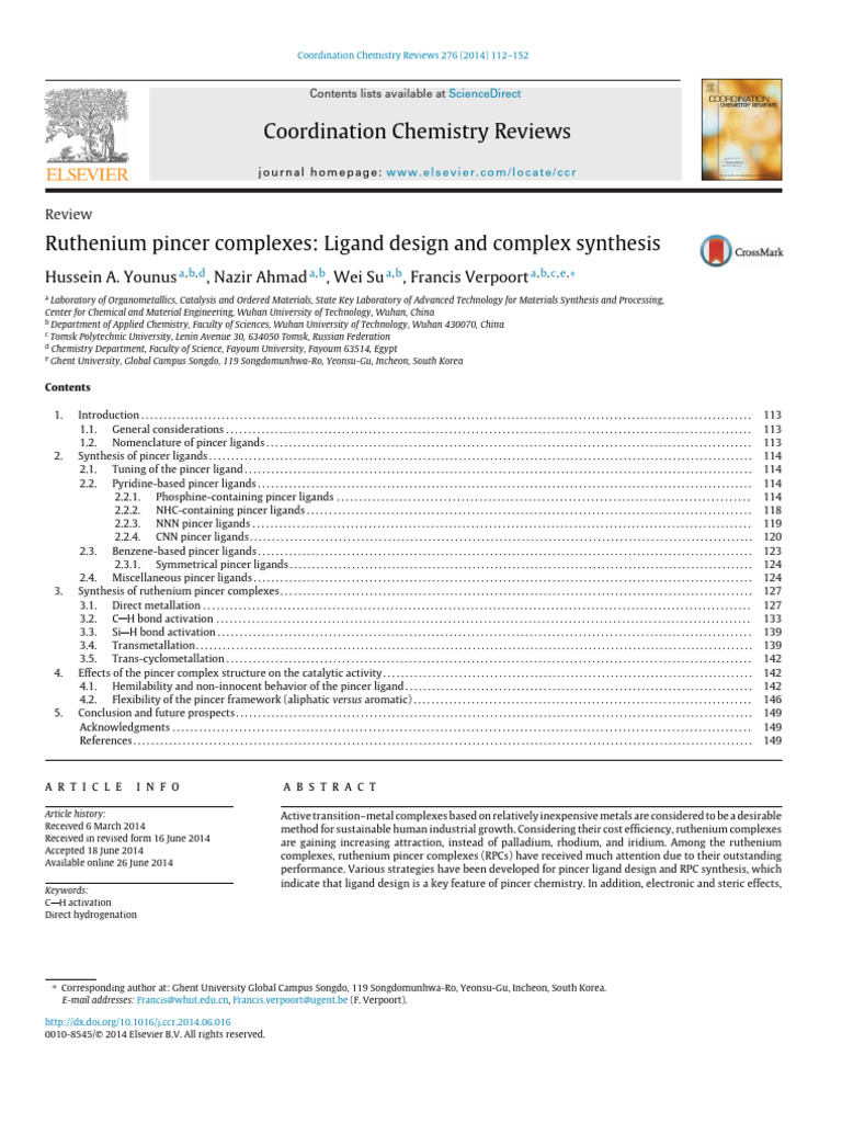 Review Ruthenium Pincer Complexes Ligand Design and Complex Synthesis | PDF | Coordination ...