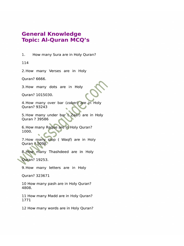ISSB General Knowledge Islamic Questions 1 | PDF