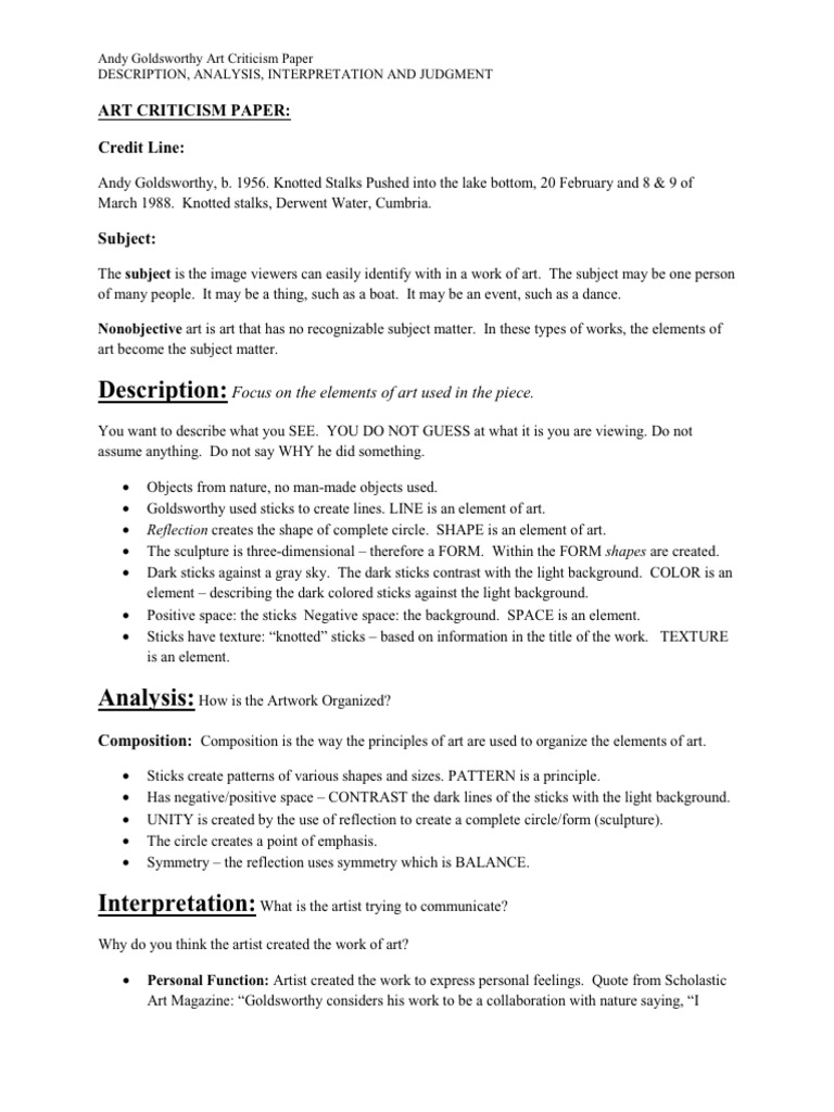 ART CRITICISM PAPER - Credit Line - Subject - Description - Focus On ...