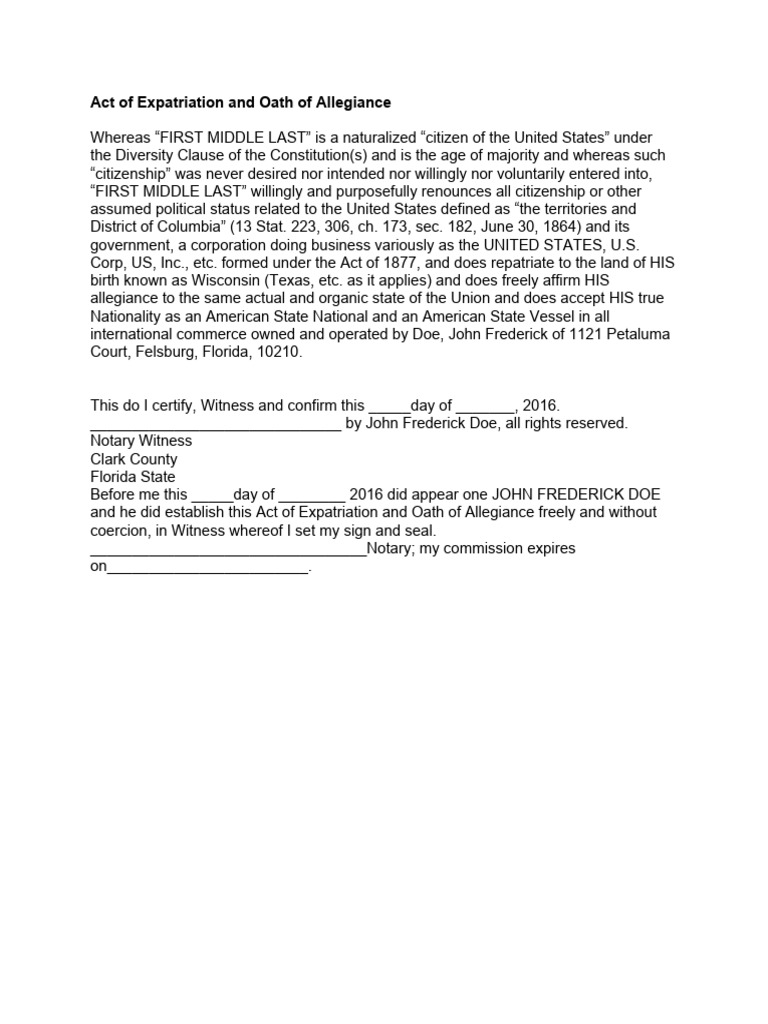 Act of Expatriation and Oath of Allegiance | PDF