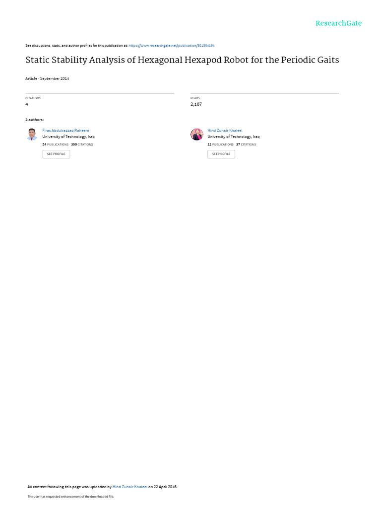 Static Stability Analysisof Hexagonal Hexapod Robot | PDF | Walking | Kinematics