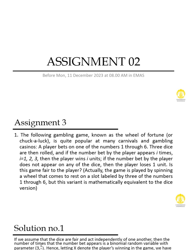 Assignment 02-Probability Theory Class 0102 | PDF | Gambling ...