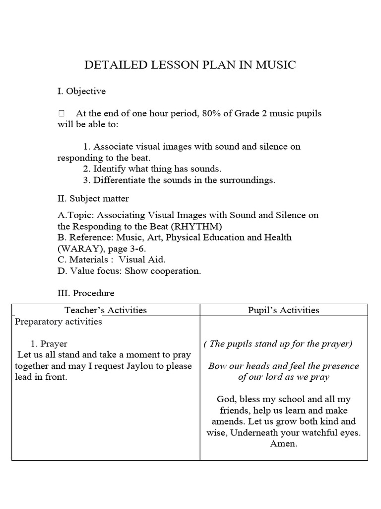 Lesson Plan Music Grade2 | PDF | Prayer | Lesson Plan Lesson Plan Music Grade2 | PDF | Prayer | Lesson Plan