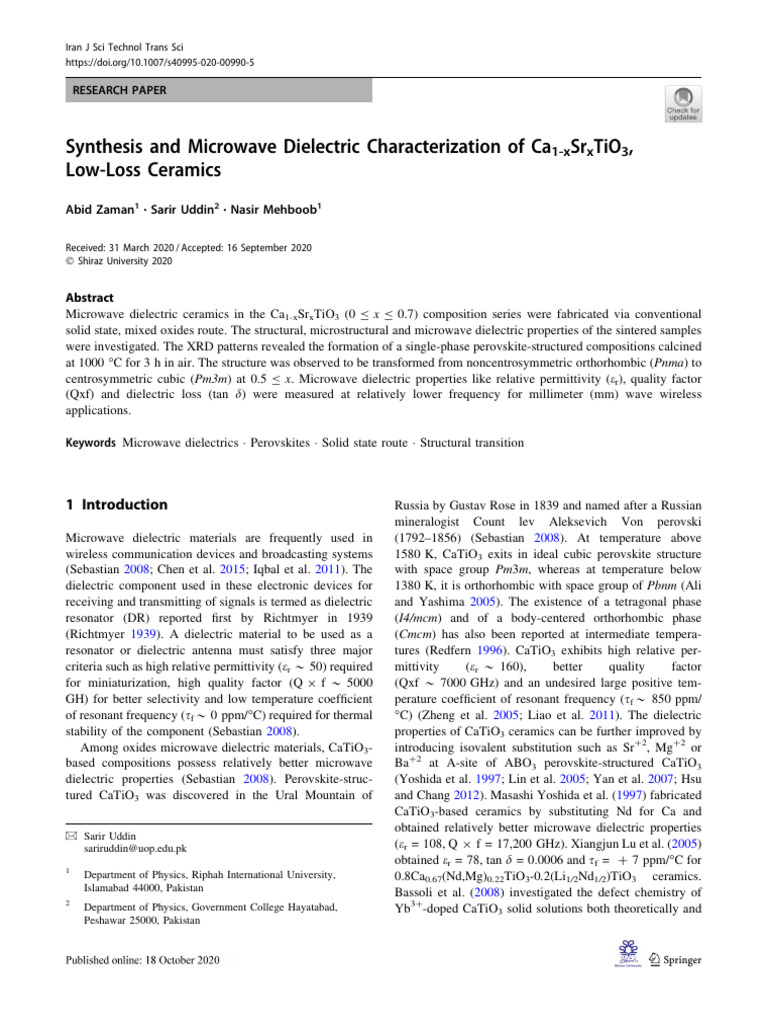 X Synthesis And Microwave Dielectric Characterization Of Ca1 Xsrxtio3 Pdf Dielectric Ceramics