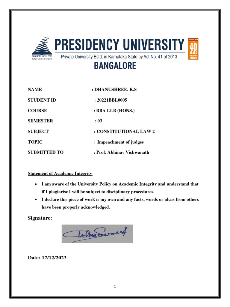 Dhanu Shree 20221BBL0005-1 | PDF | Impeachment | Separation Of Powers