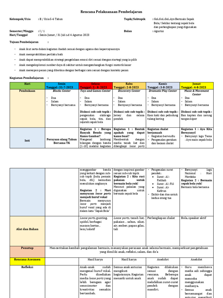 Contoh RPP TK B Lengkap | PDF