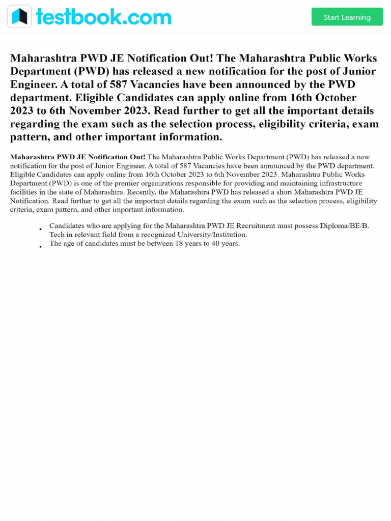 Maharashtra PWD JE Recruitment 2023exam Info | PDF