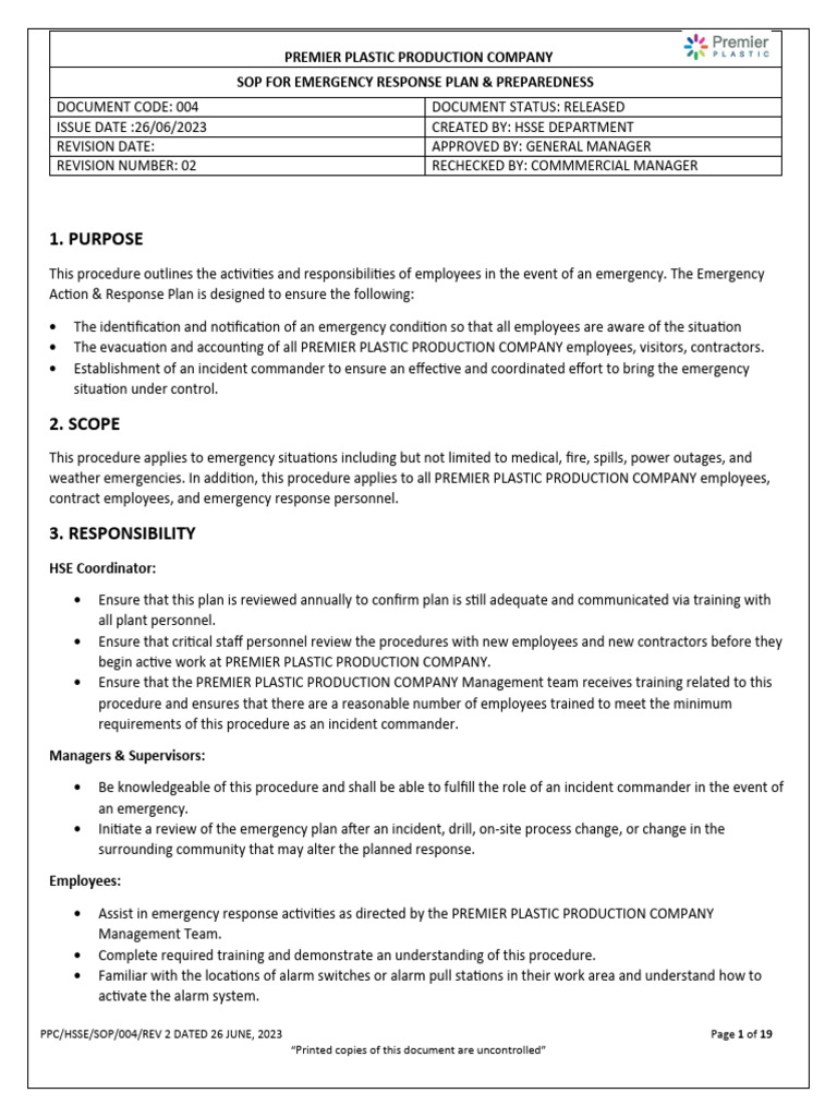 Purpose: Premier Plastic Production Company Sop For Emergency Response ...