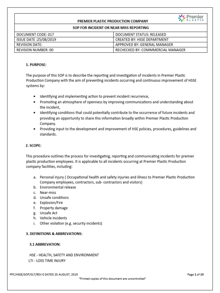 SOP for Near Miss Reporting | PDF | Hazards | Risk