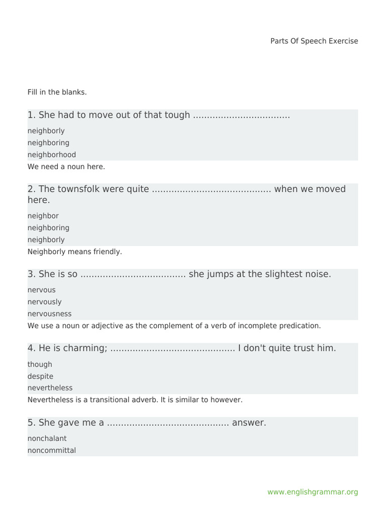 Parts of Speech Exercise | PDF | Part Of Speech | Verb