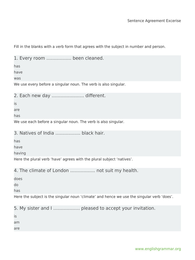 Class 3 Sentence Agreement Exercise | PDF | Grammatical Number | Verb