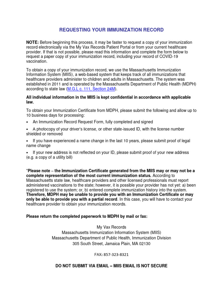 Mass IMMUNIZATION RECORD Request Form | PDF | Health Care