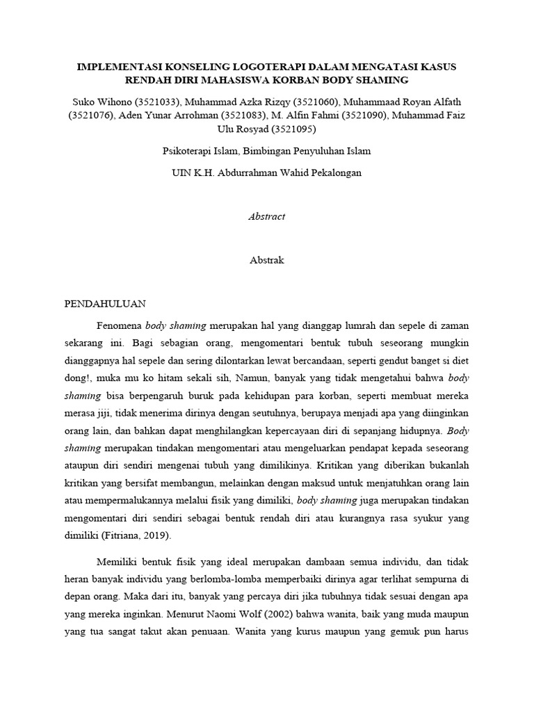 Implementasi Konseling Logoterapi Dalam Mengatasi Kasus Rendah Diri Mahasiswa Korban Body ...