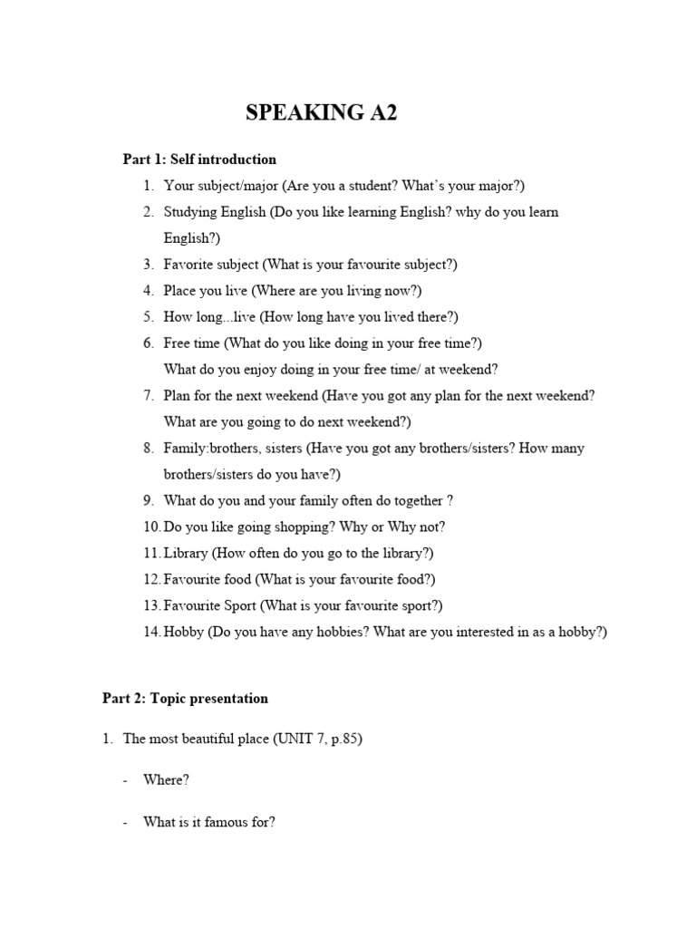 A2 Speaking Practice Guide | PDF | Language Arts & Discipline | Self ...