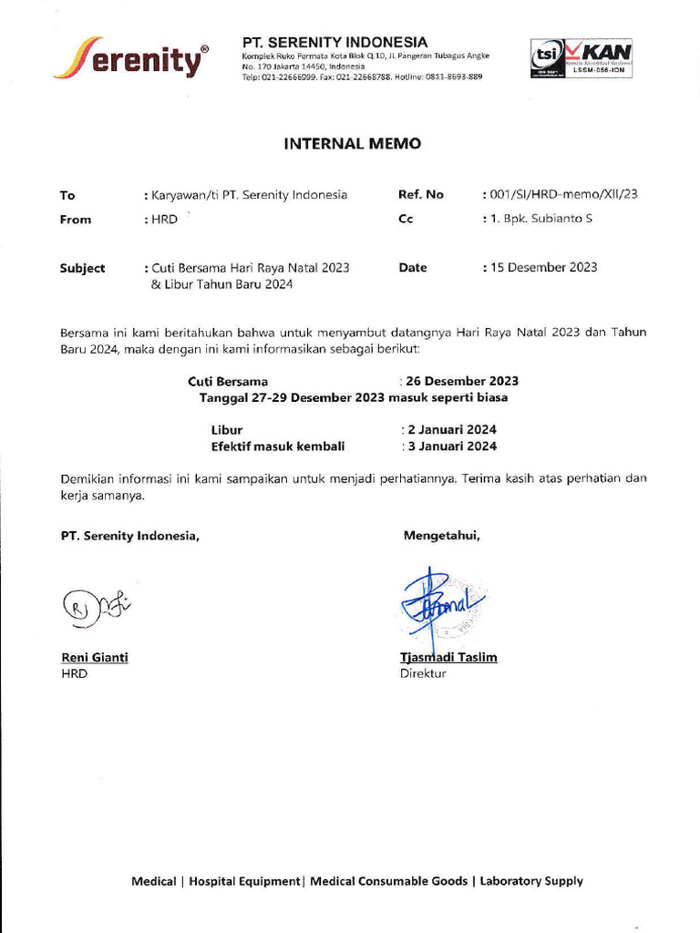 001-Internal Memo-Info HRD (Cutber & Tahun Baru 2024) | PDF