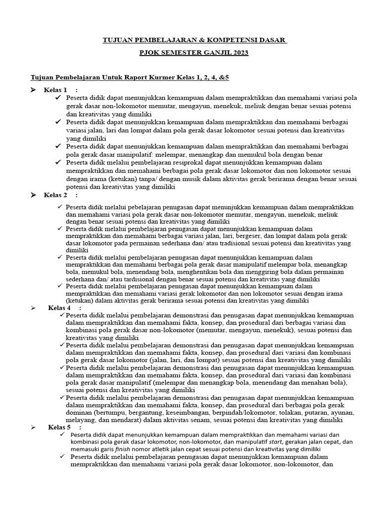 Tujuan Pembelajaran (Kurmer) & Kompetensi Dasar (K-13) Pjok Semester Ganjil 2023 | PDF | Karier ...