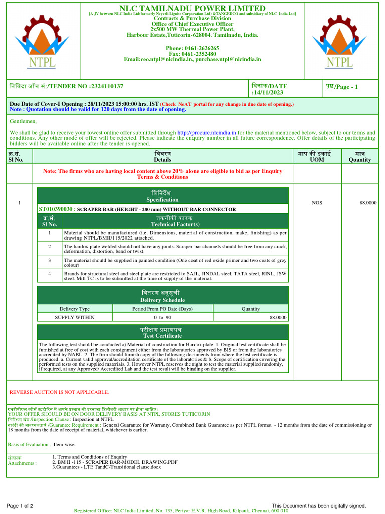 Specification Tender No 2324110137 | PDF