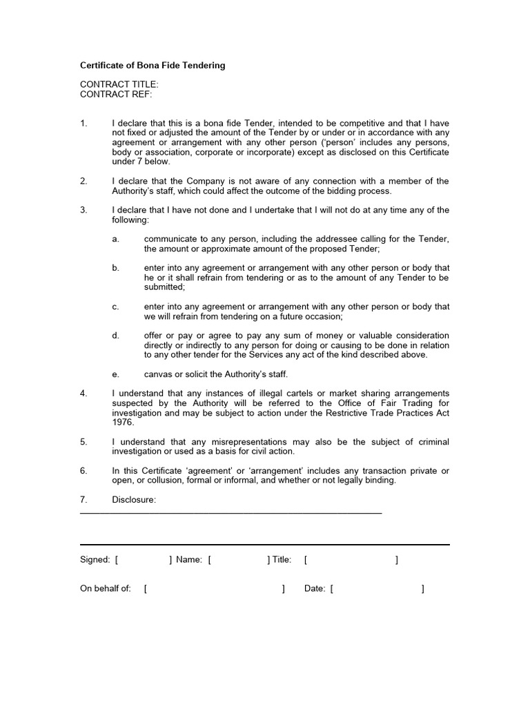 Certificate of Bona Fide Tendering | PDF | Finance & Money Management