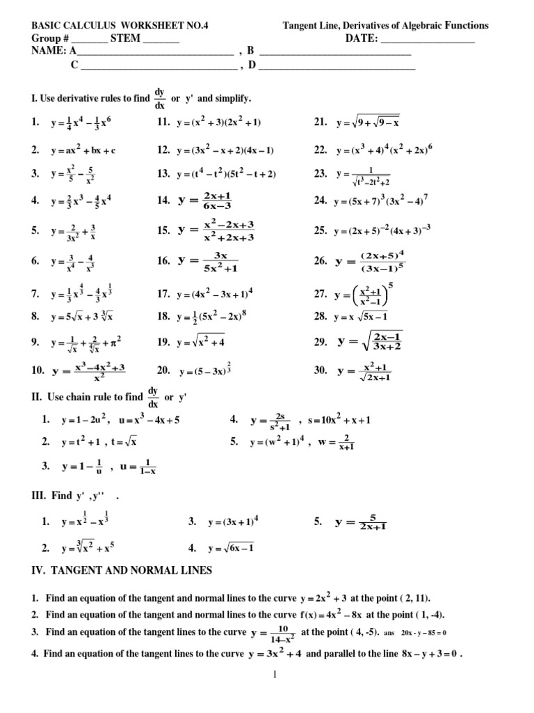 ws4 Tangent Line Derivatives of Algebraic Functions Feb 2018 | PDF ...