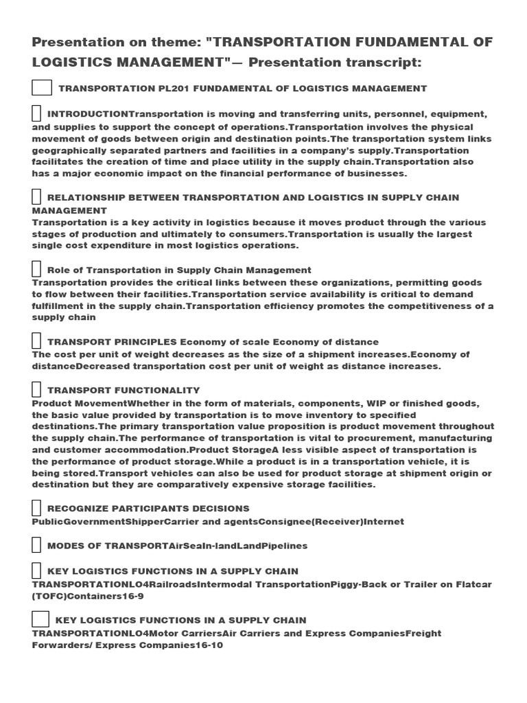 Transport Fundamentals | PDF | Logistics | Transport