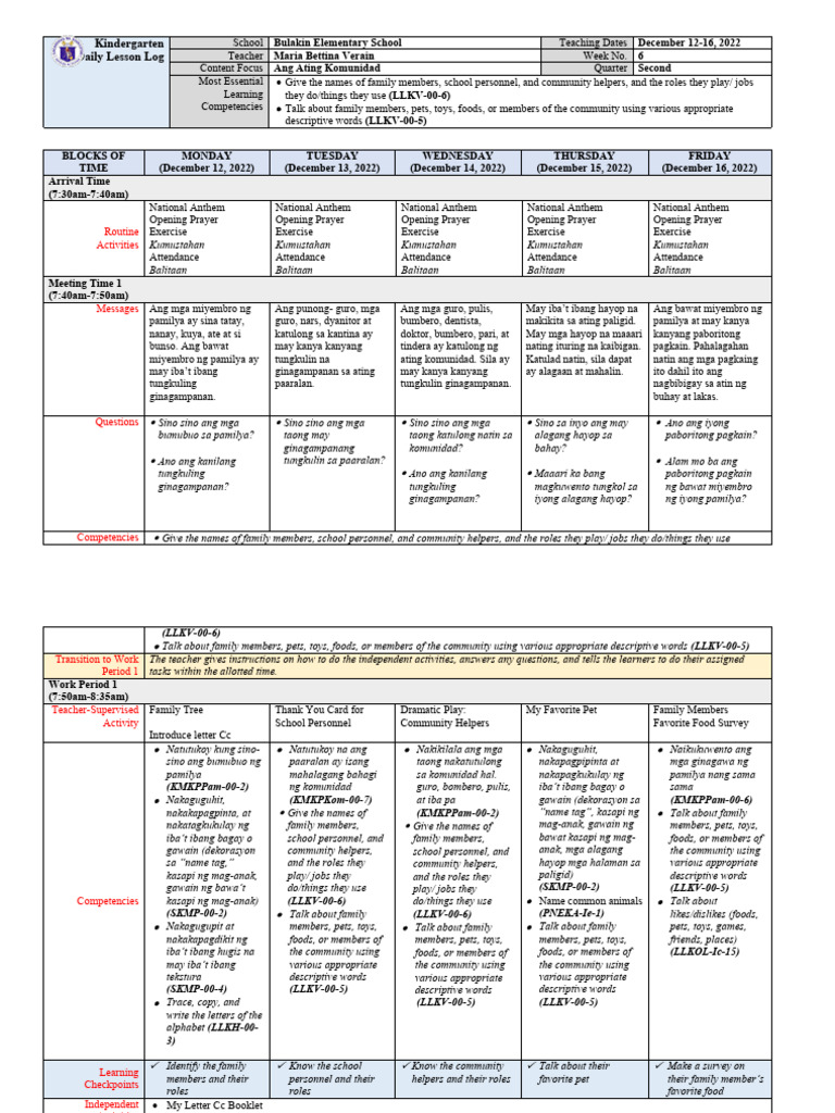 Kindergarten DLL MELC Q2 Week 6 Asf | PDF